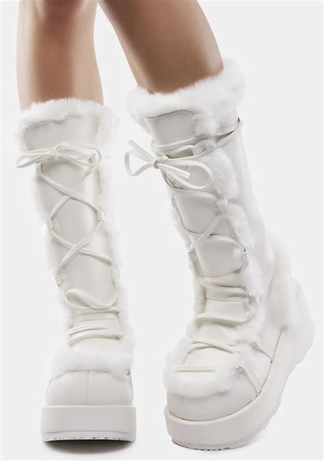 Demonia Cubby 311 Faux Fur Trim Knee High Boots White In 2024