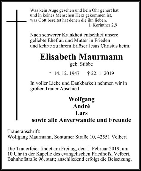 Traueranzeigen Von Elisabeth Maurmann Trauer In Nrwde