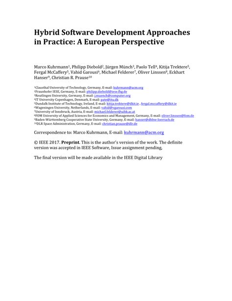 Pdf Hybrid Software Development Approaches In Practice A European Perspective