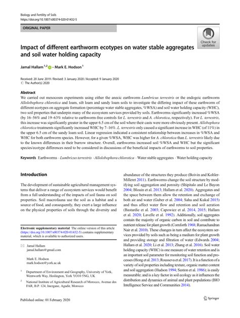 Pdf Impact Of Different Earthworm Ecotypes On Water Stable Aggregates