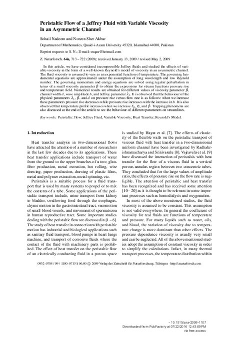 Pdf Peristaltic Flow Of A Jeffrey Fluid With Variable Viscosity In An