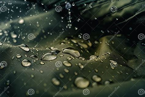 Close Up Shot Of Raindrop On Dark Green Fabric Spherical Drop Moves From Top Left To Bottom