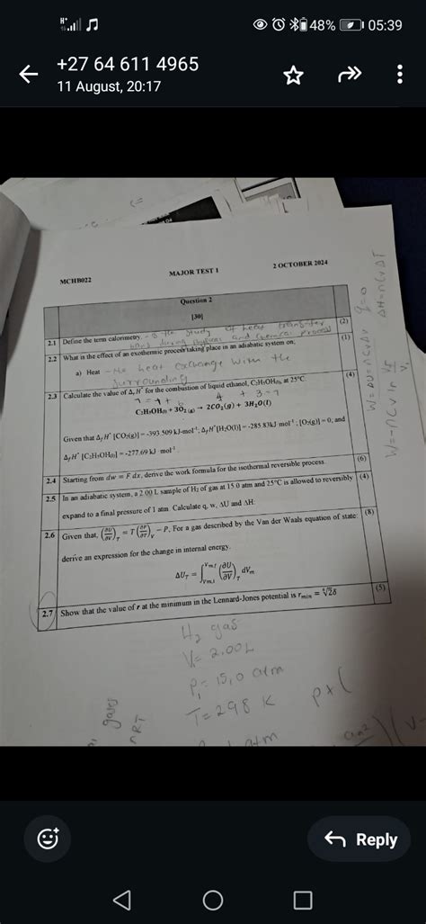 Question 2 2 1 Define The Term Calorimetry 2 2 What Is The Effect Of A