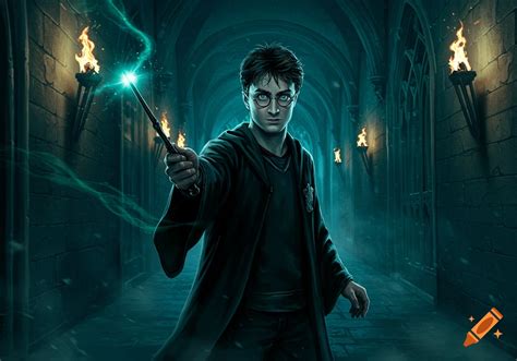 A Dark Portrait Of Harry Potter In A Stone Corridor Holding A Glowing