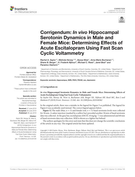 Pdf Corrigendum In Vivo Hippocampal Serotonin Dynamics In Male And Female Mice Determining
