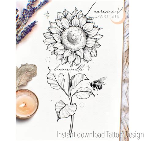 Tattoo Design Instant Download Sunflower And Bee Tattoo Stencil