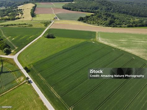 녹색 작물 쟁기질한 흙 나무 아스팔트 도로가 있는 농경지 위에서 바라본 전망 0명에 대한 스톡 사진 및 기타 이미지 0명 거리 경관 Istock