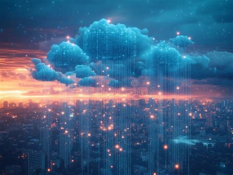 A Digital Cloud Symbolizing Modern Technology Connects Data Circuits In The Big City Background