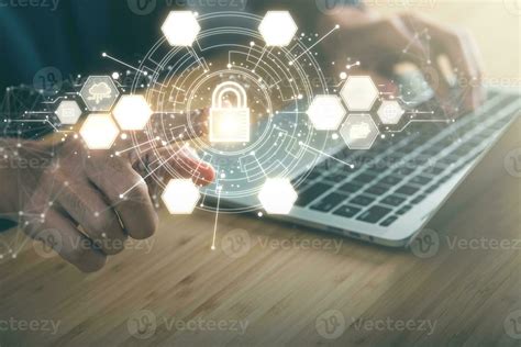 Data Security System Concept Business Man Use Laptop With Security