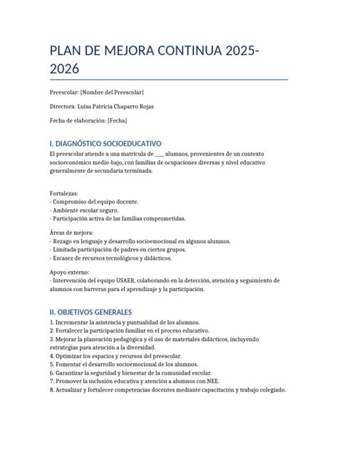 Plan Mejora Continua Preescolar 2025 2026 Pdf Educación De La
