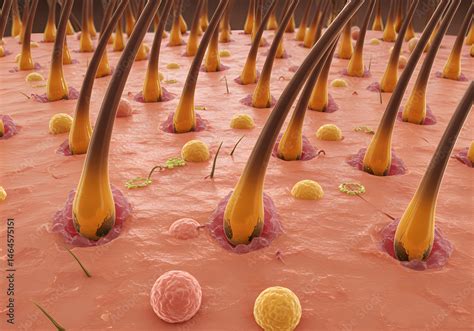 Microscopic View Of Human Scalp Skin Hair Follicles And Sebaceous