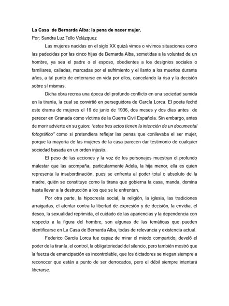 La Casa De Bernarda Alba La Pena De Nacer Mujer Sandra Tello Pdf Mujer