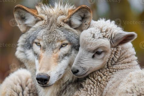 Wolf And Lamb Together Predator And Prey Concept Of Peace And