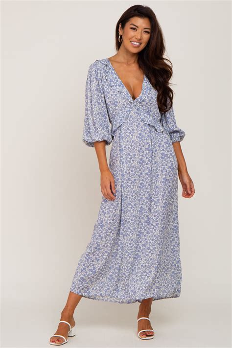 Blue Floral Ruffle V Neck Maternity Midi Dress Pinkblush