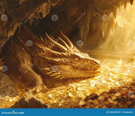 A Dramatic Scene Of A Dragons Cave Lair Filled With Mounds Of Gold