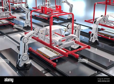 Automation Automobile Factory With 3d Rendering Robot Assembly Line Manufacture Ev Car Stock