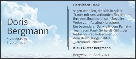Traueranzeigen Von Doris Bergmann Abschied Nehmende