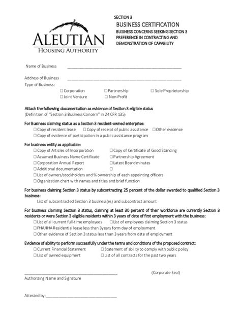Fillable Online Sample Section 3 Certification Form Business Seeking