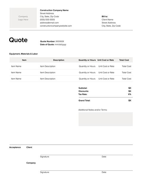 Printable Construction Quote Contractor Estimate Template Invoice