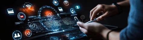 Innovative Digital Interface Interaction Tech Hub Visual Display Modern Workspace Close Up User