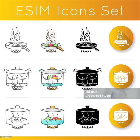 요리 과정 아이콘 세트입니다 선형 검정 색 및 Rgb 색상 스타일 다른 음식 준비 방법 다양한 요리 기술 튀김 김이 나고 스테잉 격리 된 벡터 일러스트레이션 색상 묘사에