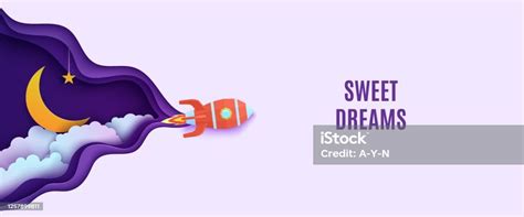 종이 컷 스타일의 밤 하늘과 빨간 로켓 로프와 달 종이 컷 아트에 별과 보라색과 파란색 그라데이션 흐린 풍경으로 3d 배경을