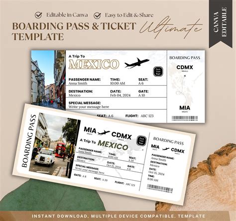 Boarding Pass And Ticket Template Mexico Editable Travel Pass Flight