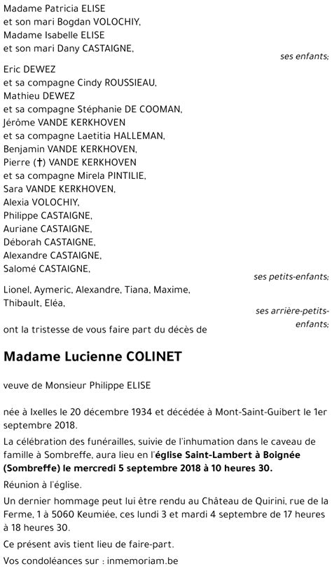 Avis De Décès De Lucienne Colinet Décédé Le 01092018 à Mont Saint