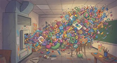 A Classroom Scene With A Surreal Explosion Of Colorful Cartoonish Objects Bursting Stock