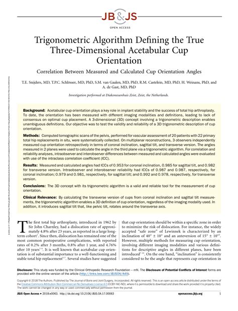 Pdf Trigonometric Algorithm Defining The True Three Dimensional Acetabular Cup Orientation