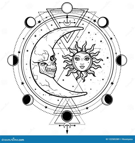 Mystical Drawing Sun And Moon With Human Faces Circle Of A Phase Of