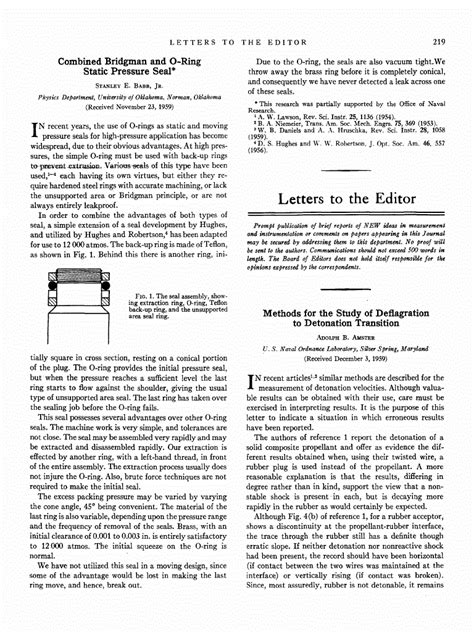 Combined Bridgman And O‐ring Static Pressure Seal Review Of