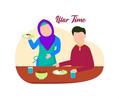 Iftar인 이슬람 가족의 일러스트 벡터 그래픽 프리미엄 벡터