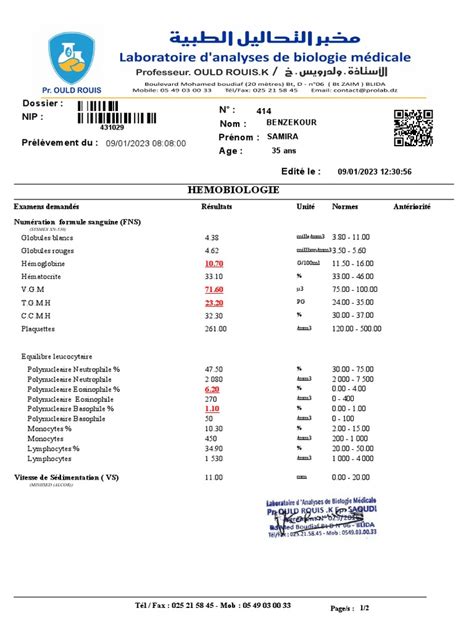 Analyse De Lhémogramme Et Biochimie Pdf Cellule Biologie Sang