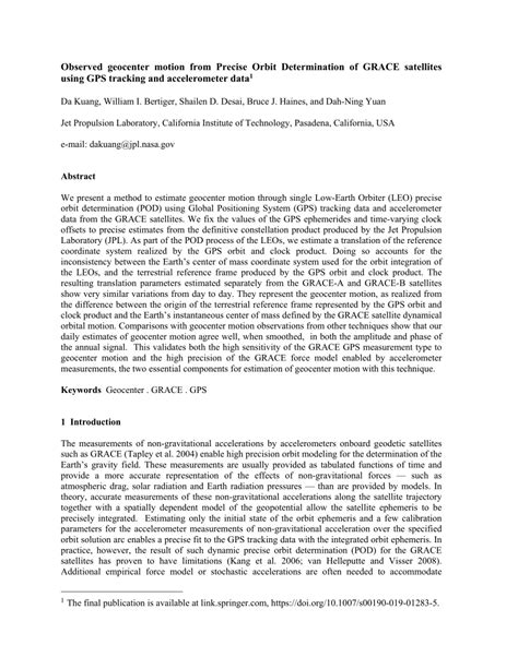 Pdf Observed Geocenter Motion From Precise Orbit Determination Of Grace Satellites Using Gps