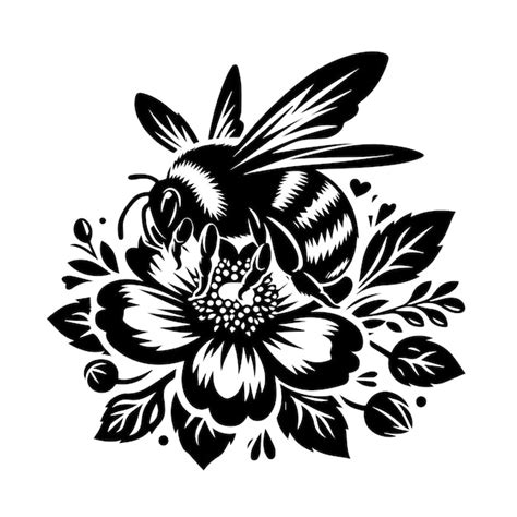 A Black And White Drawing Of A Bee With A Flower On It Premium Ai