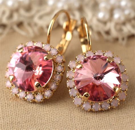 Pink Drop Earrings Pink Rose Crystal Earrings Light Pink Earrings