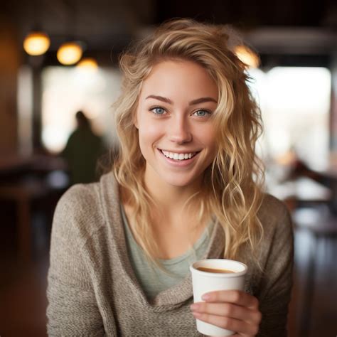 Premium Ai Image Glowing Charm A Captivating Snapshot Of An Alluring American Blonde A Coffee