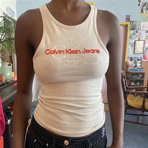 Classic Calvin Klein Vest In Cream With Orange And Depop