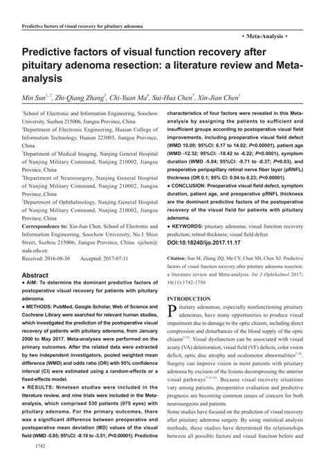 Pdf Predictive Factors Of Visual Function Recovery After Pituitary