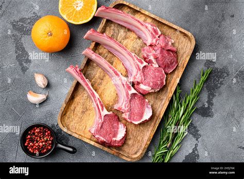 Lamb Mutton Meat On Gray Stone Table Background Top View Flat Lay