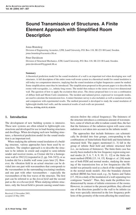 Pdf Sound Transmission Of Structures A Finite Element Approach With