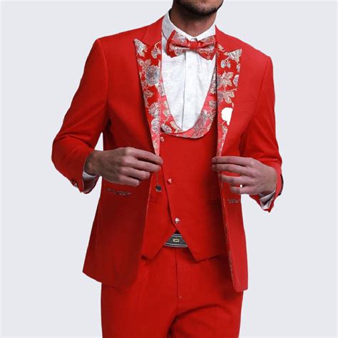 Xs Red Tuxedo With Floral Pattern Peak Lapel