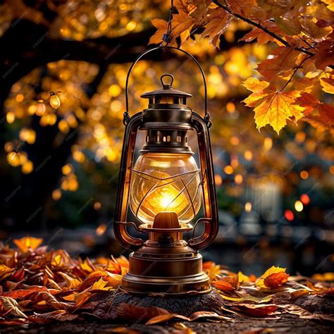 Antique Gold Lantern With Small Candles Burning Against Autumn Scenery