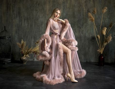 Marabou Feather Luxury Boudoir Tulle Dressing Gown Fur Burlesque Sexy