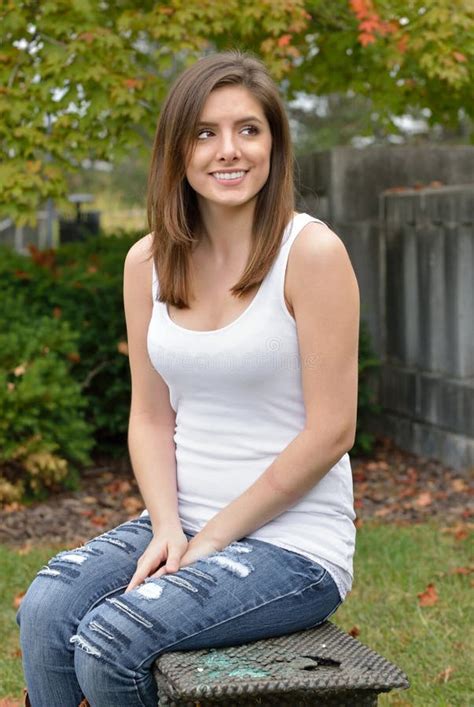 Beautiful Young Woman In Tank Top And Jeans Stock Image Image Of Lady