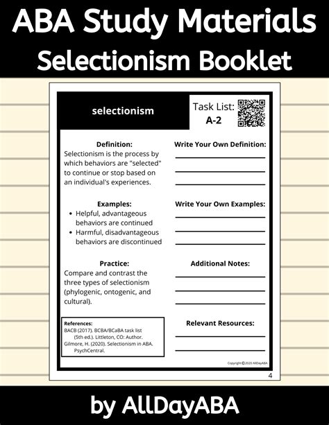 Selectionism Study Booklet Bcba Exam Prep Study Guide 5th Edition Task