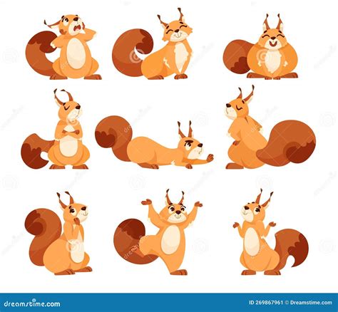 Funny Squirrel With Bushy Tail Expressing Different Emotion Vector Set Stock Vector