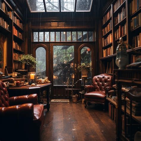 Premium Photo A Cozy Bookstore On A Rainy Day With Shelves Filled