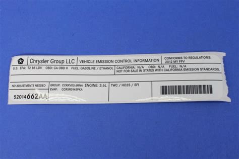 Dodge Charger Label Veci Label Federal Emissions 52014662aa